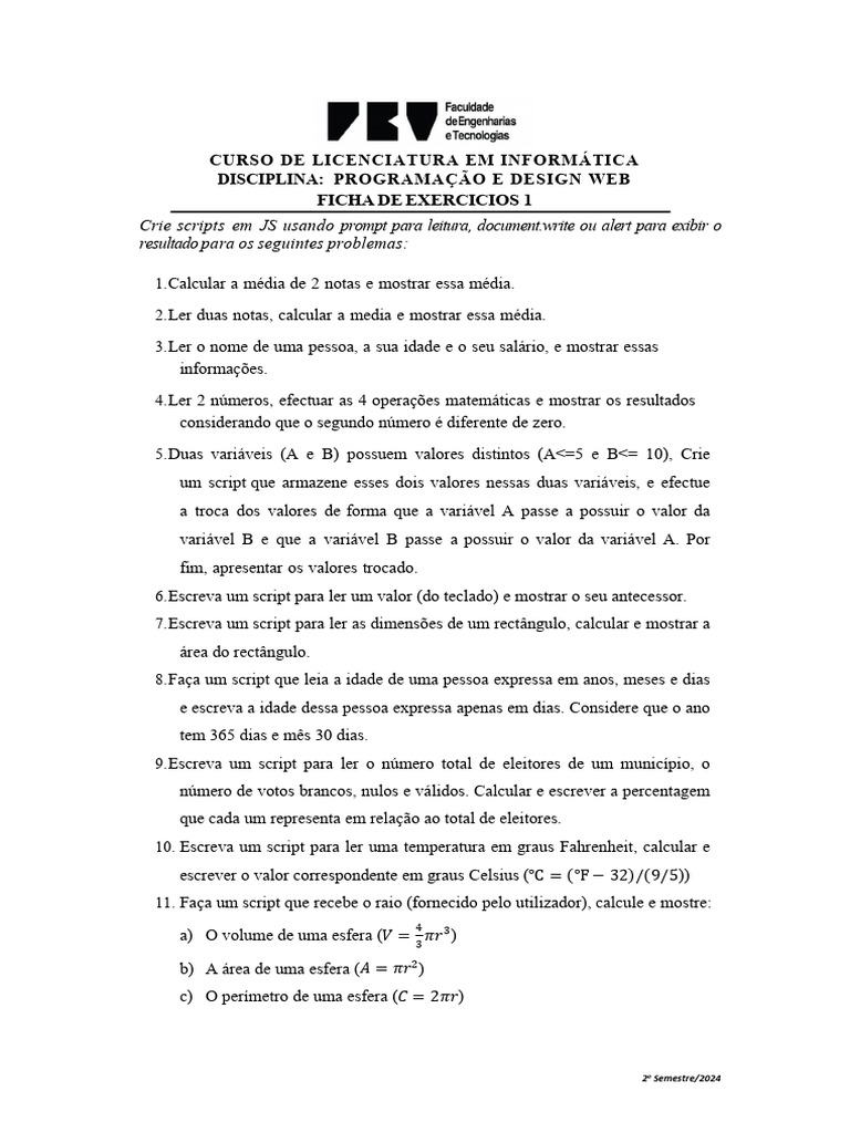 Ficha De Exercicios Js Pdf