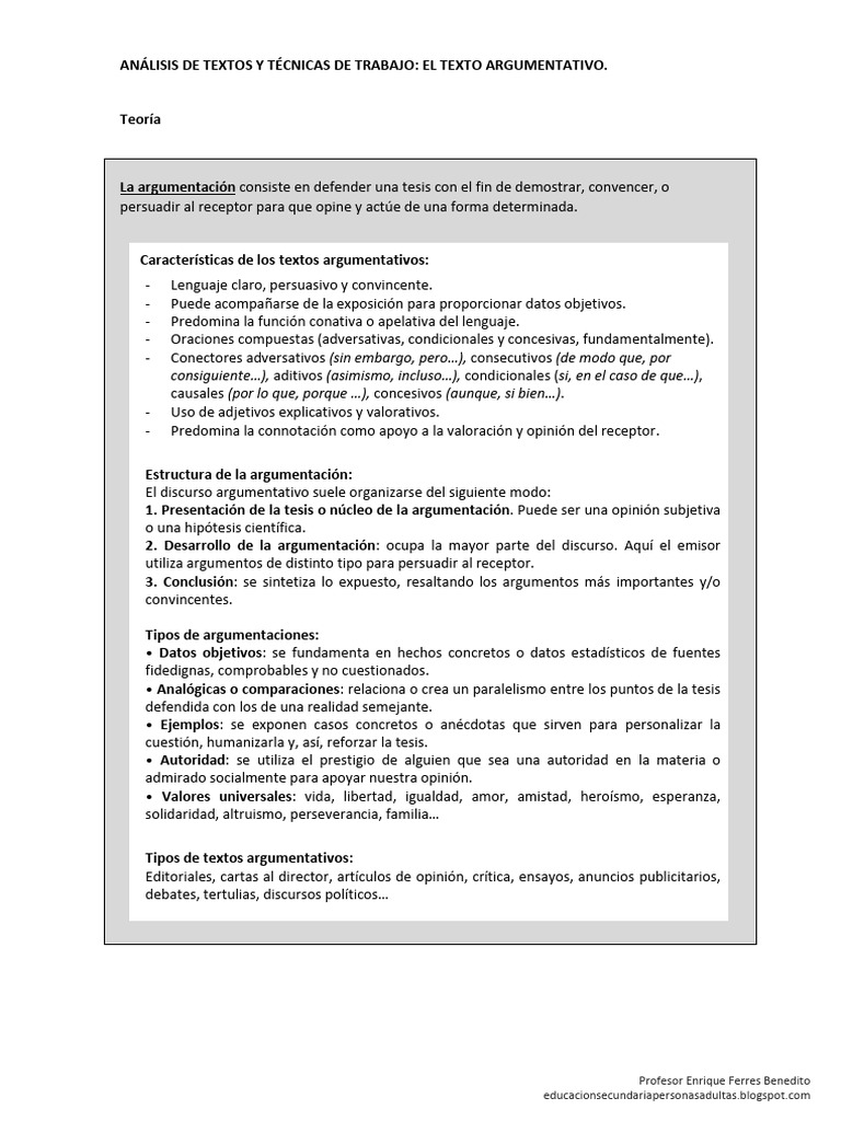 Análisis de Textos y Técnicas de Trabajo (El Texto Argumentativo) . | PDF