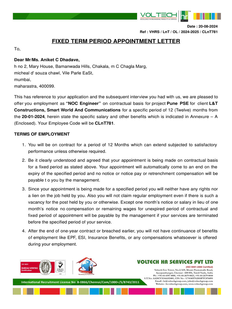 CLnT781 - Offer Letter of LNT | PDF