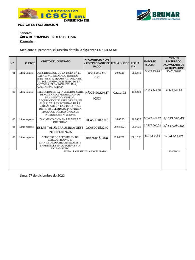 Anexo Experiencia de Facturacion y Experiencia de Postor | PDF