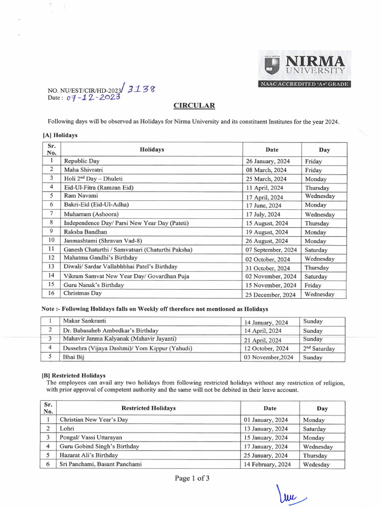 Holiday Circular 2024 | PDF