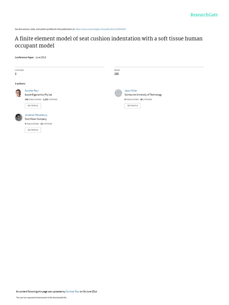 A Finite Element Model of Seat Cushion Indentation With A Soft Tissue Human Occupant Model | PDF