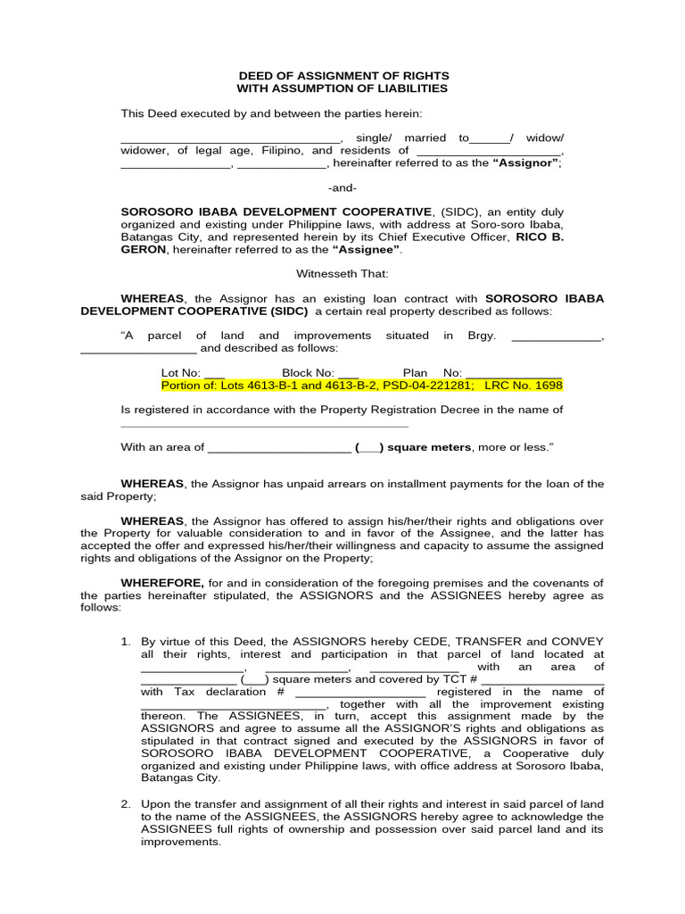 DEED OF ASSIGNMENT OF RIGHTS WITH ASSUMPTION OF LIABILITIES (Format) | PDF