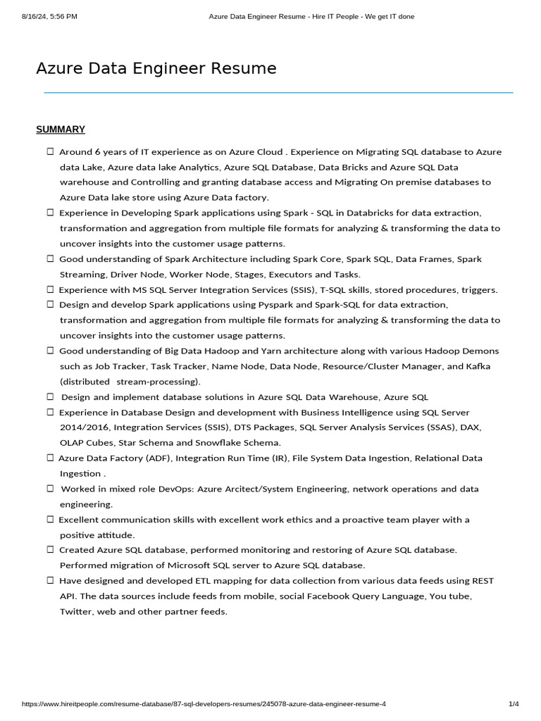 Azure Data Engineer Resume - Hire IT People - We Get IT Done | PDF | Apache Spark | Microsoft Azure