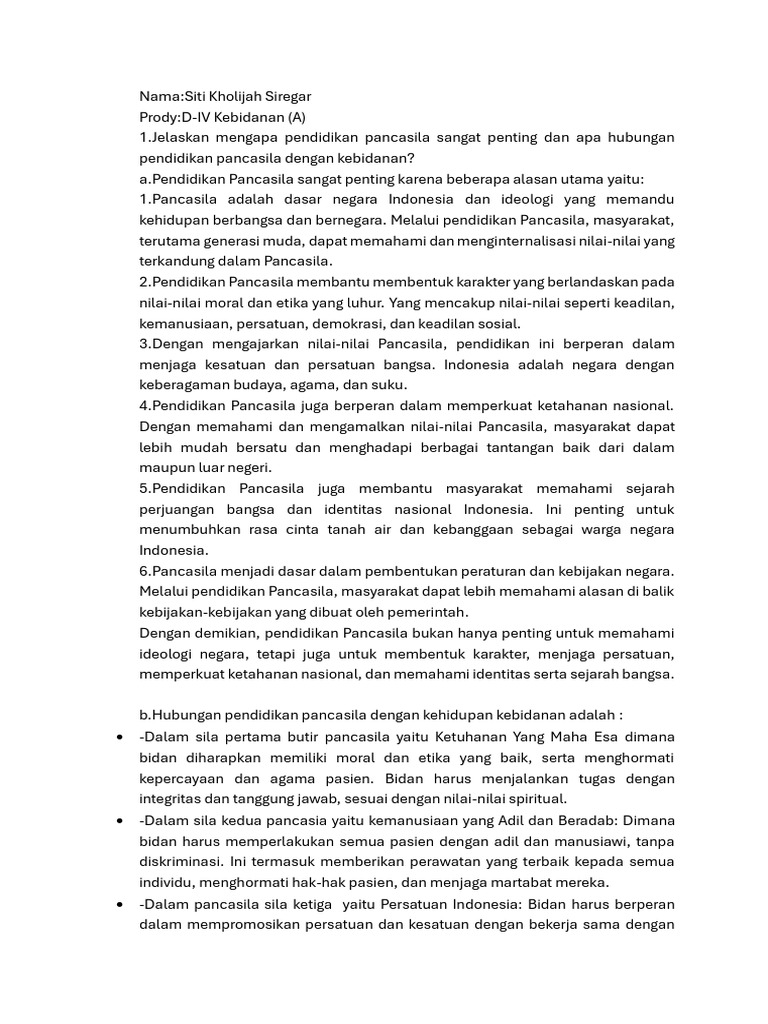 Siti Kholijah Siregar A D4 Kebidanan Pancasila | PDF