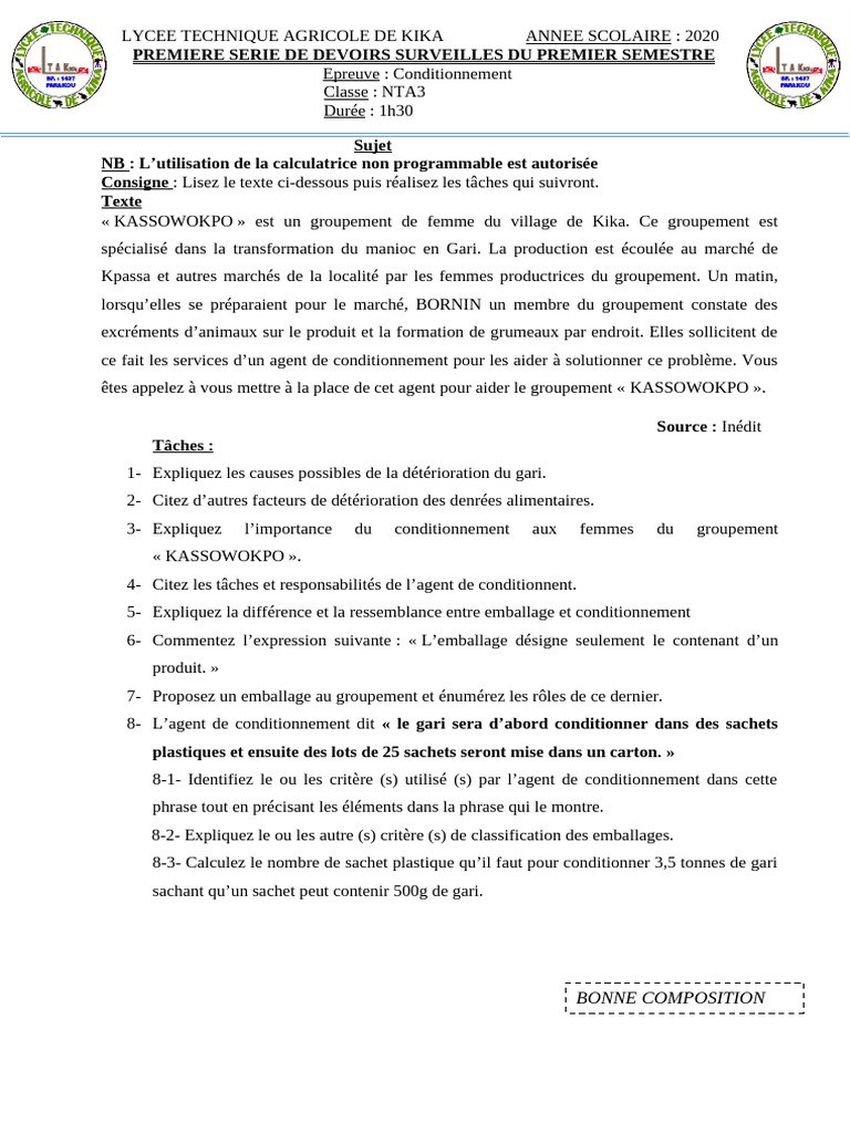 1D 1S Conditionnement Nta3 2020 Awl | PDF