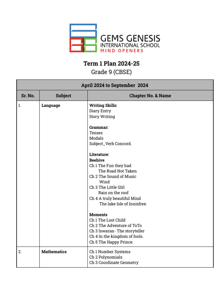 G9 As Term 1 Plan 2024-25 | PDF