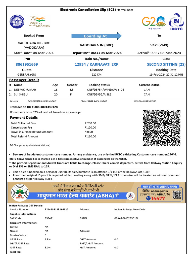 Karnavati Exp Second Sitting (2S) : Electronic Cancella On Slip (ECS) | PDF