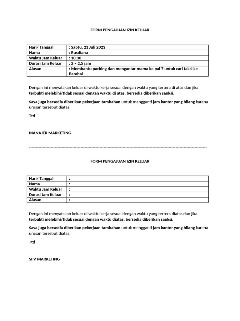 Form Pengajuan Izin Keluar | PDF