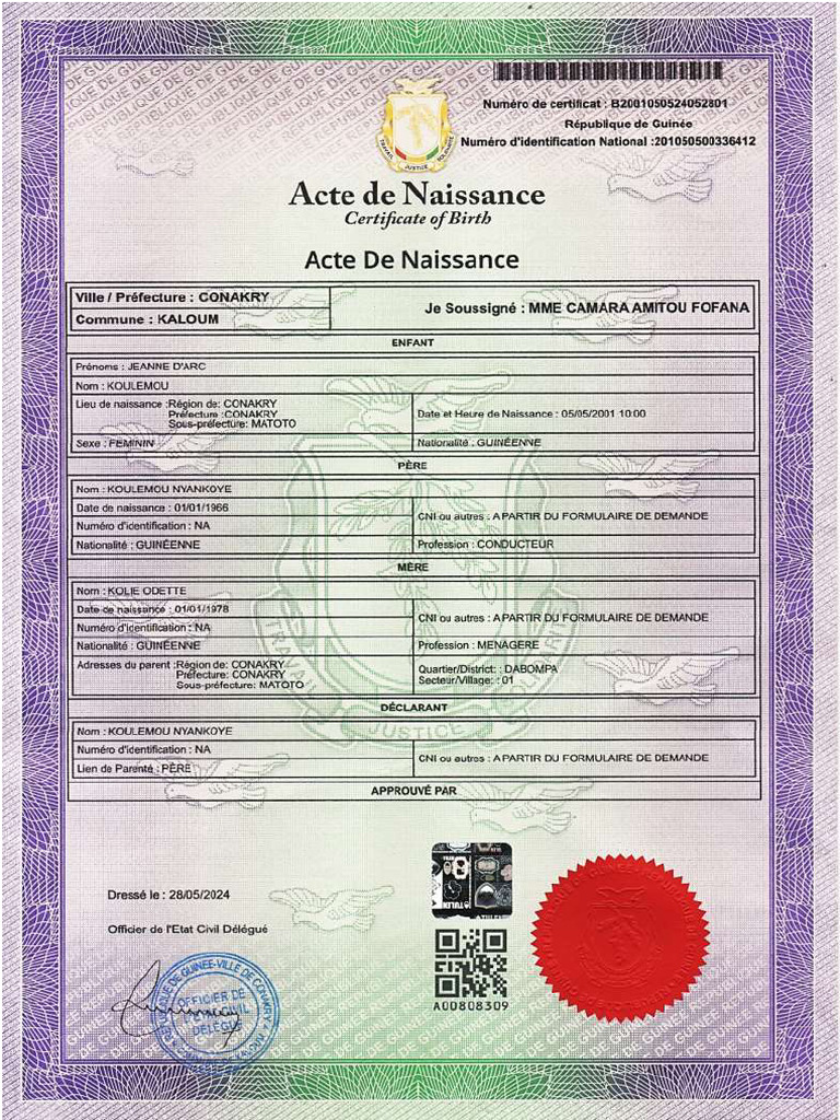 Extrait de Naissance Koulemou | PDF