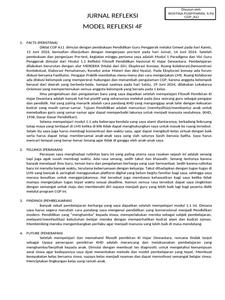 JURNAL REFLEKSI MODEL REFLEKSI 4F Modul 1.1 PGP | PDF