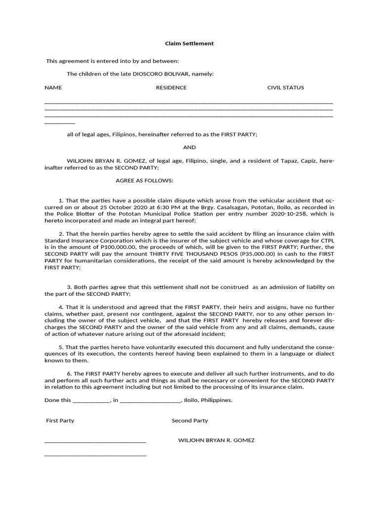 Claim Settlement Bryan Gomez | PDF | Private Law | Justice