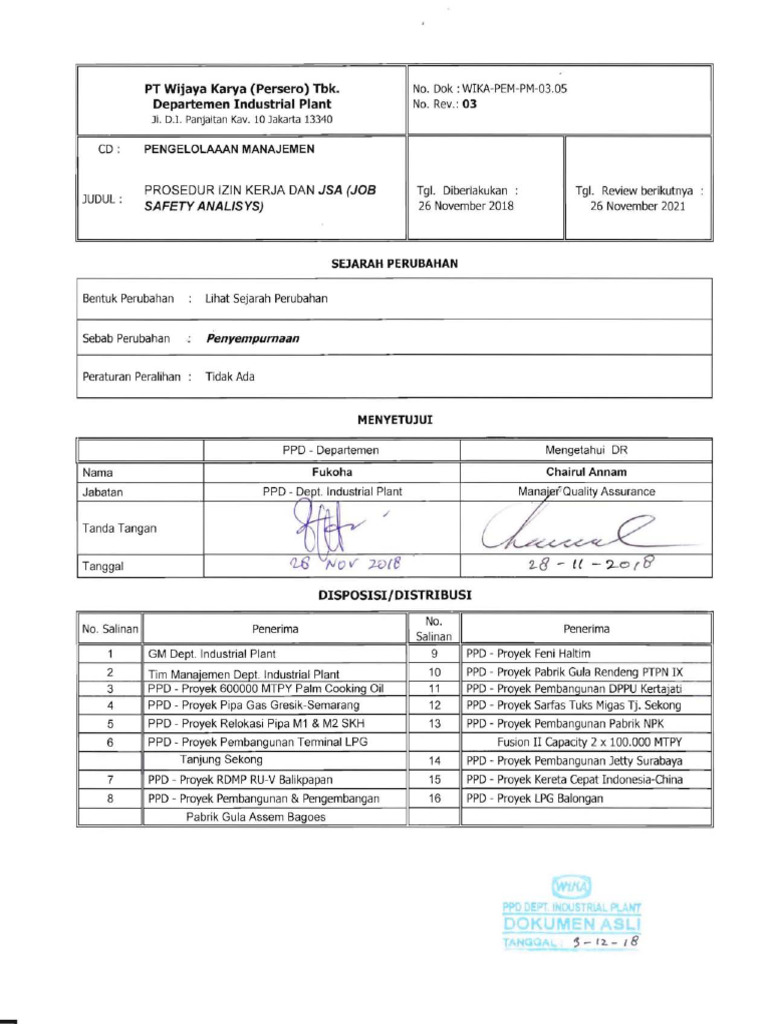 PROSEDUR IZIN KERJA & JSA (JOB SAFETY ANALYSIS) | PDF