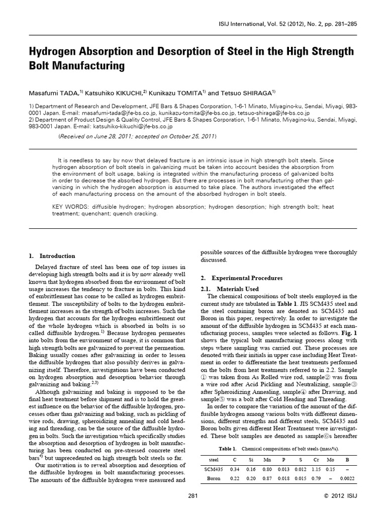 Hydrogen Absorption and Desorption of Steel in The High Strength Bolt ...