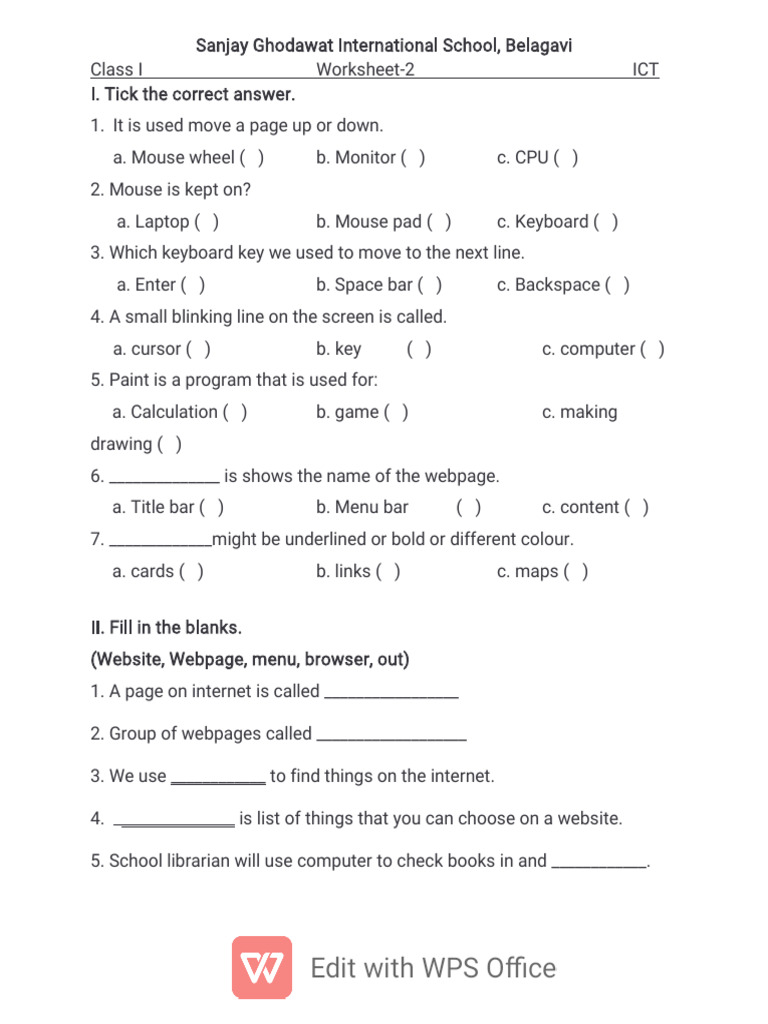 Worksheet For Class I | PDF