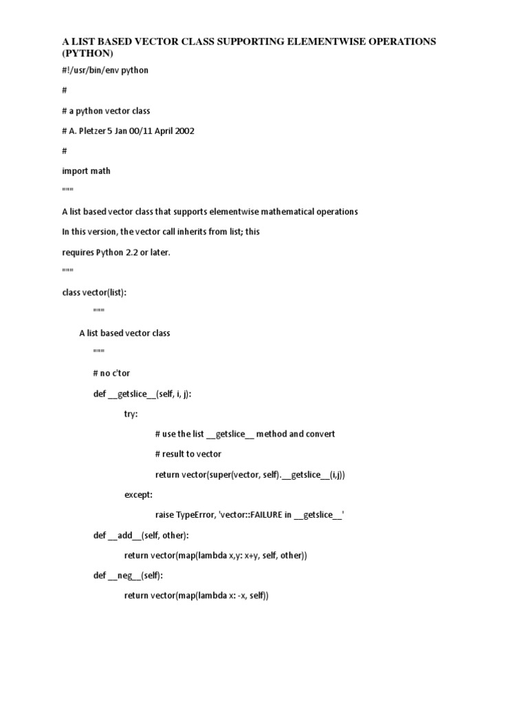 A List Based Vector Class Supporting Elementwise Operations (Python) | PDF | Trigonometric ...