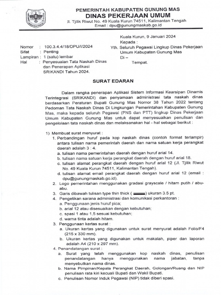 SURAT EDARAN PENYESUAIAN TATA NASKAH DINAS DAN PENERAPAN APLIKASI SRIKANDI THN 2024 Kab Gumas | PDF
