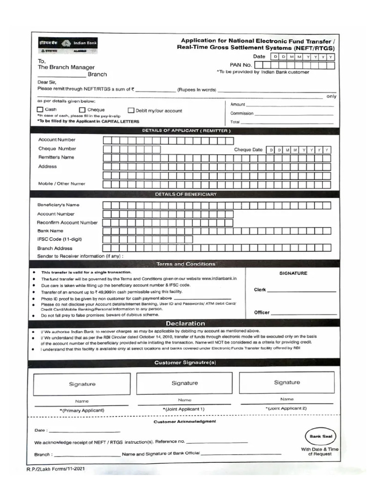 Indian Bank NEFT Form | PDF