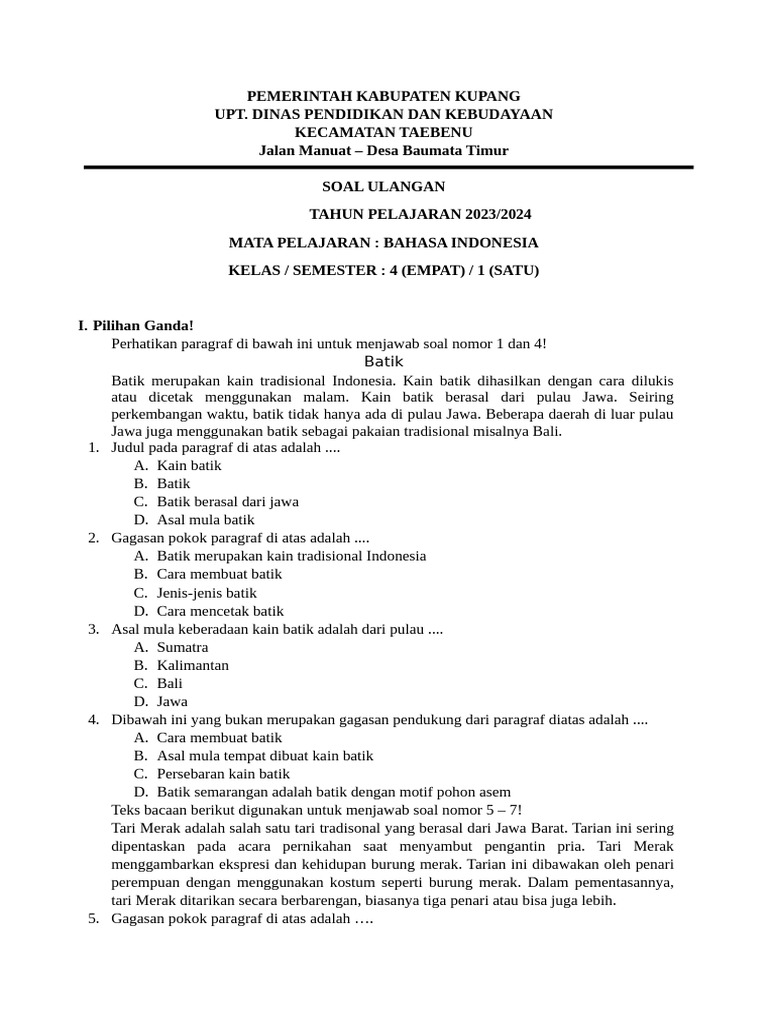 Soal Bindo Kelas 4 SD | PDF