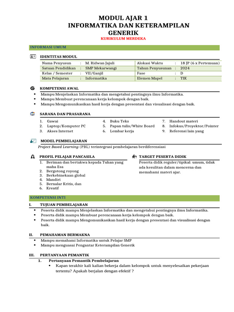 Modul Ajar Informatika K-VII SEM 1 | PDF