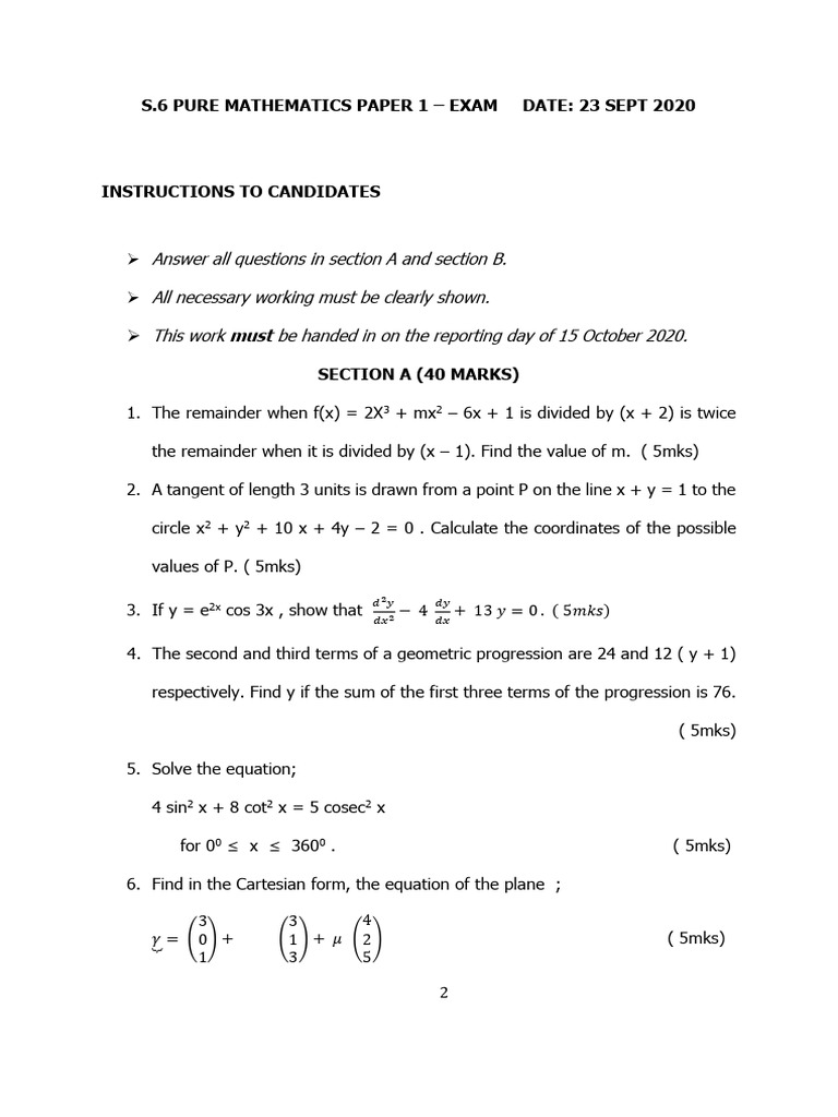 s.6 Mathematics Paper 1 | PDF