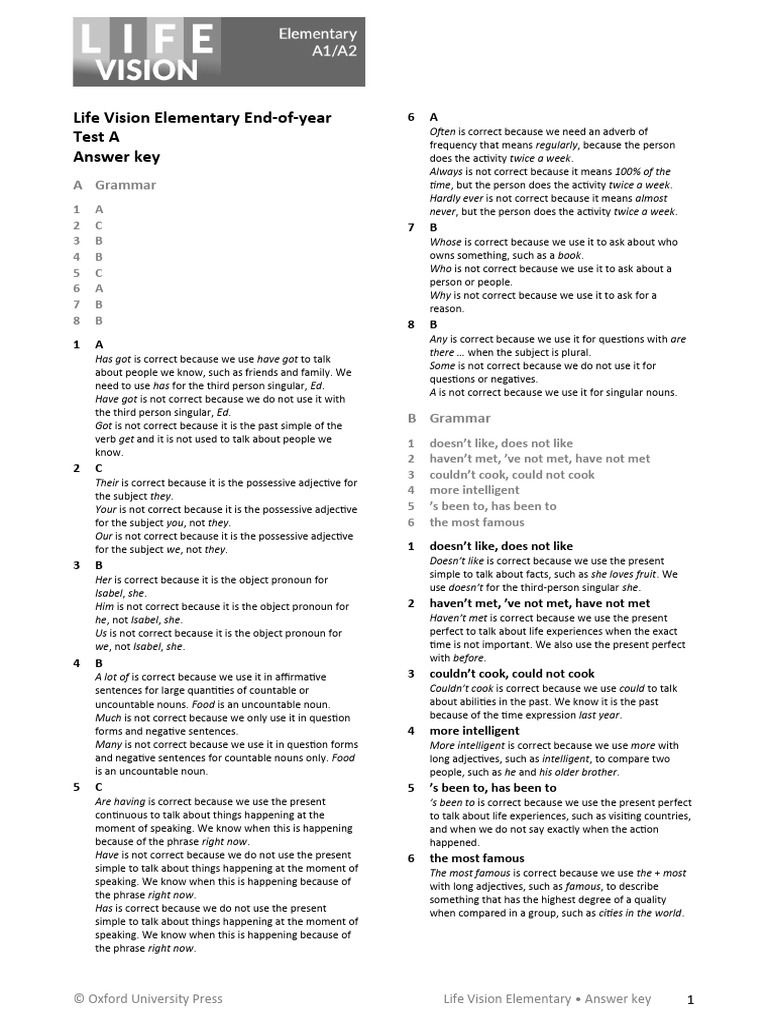 Lif Visi Ele End-Of-Year A Answer Key | PDF