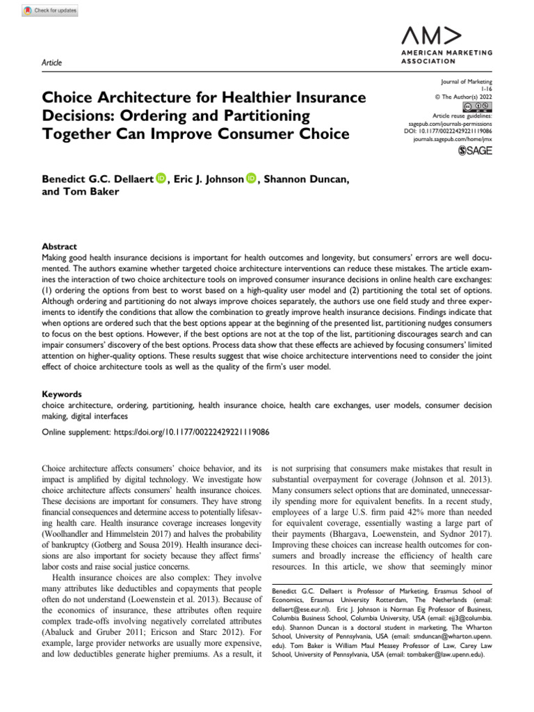 Dellaert Et Al 2022 Choice Architecture For Healthier Insurance ...