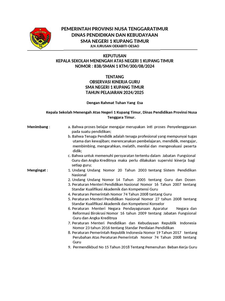 SK SUPERVISI 2024-2025 SMTR 1 Dan Jadwal | PDF