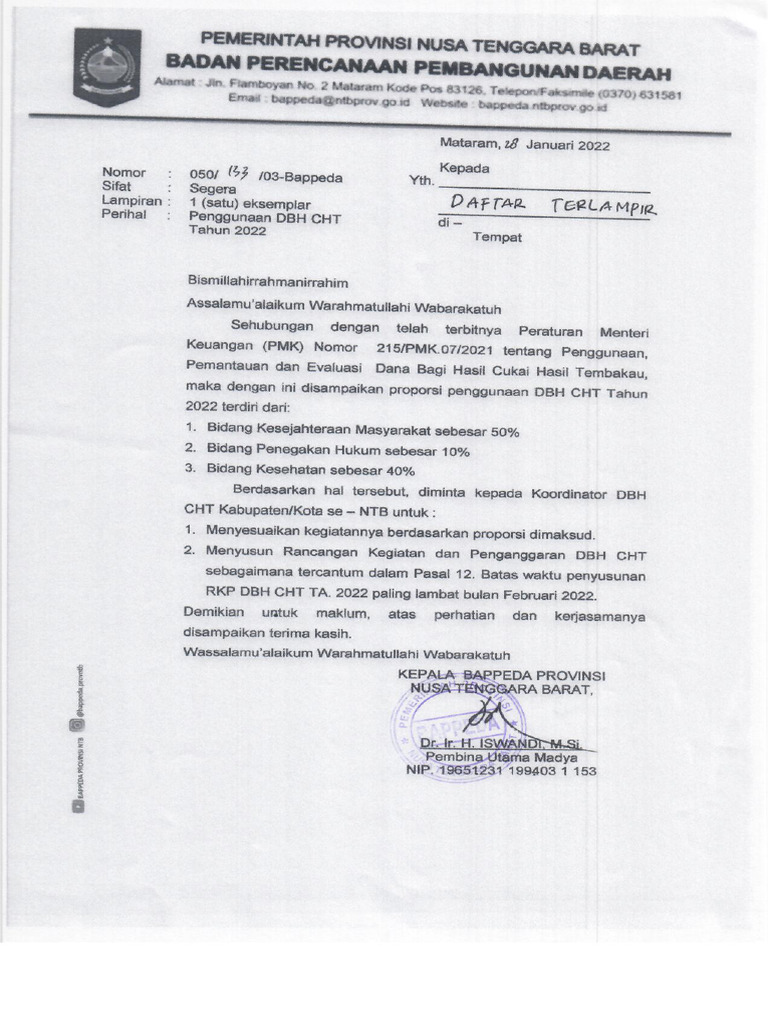 SURAT PENYUSUNAN RKP DBH CHT 2022 | PDF