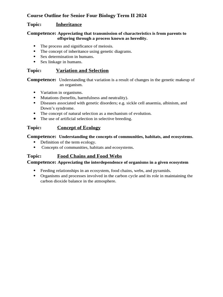 Course Outline for Senior Four Biology Term II 2024 | PDF