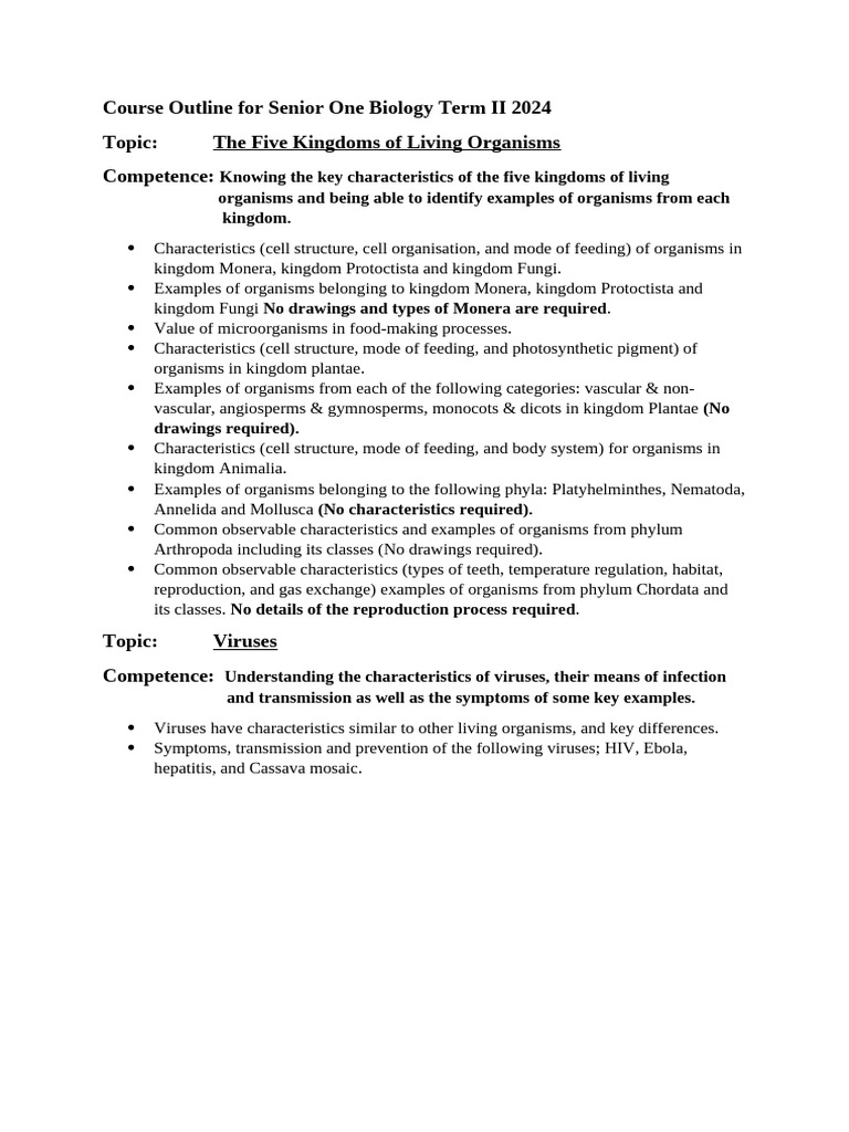 Course Outline For Senior One Biology Term II 2024 | PDF