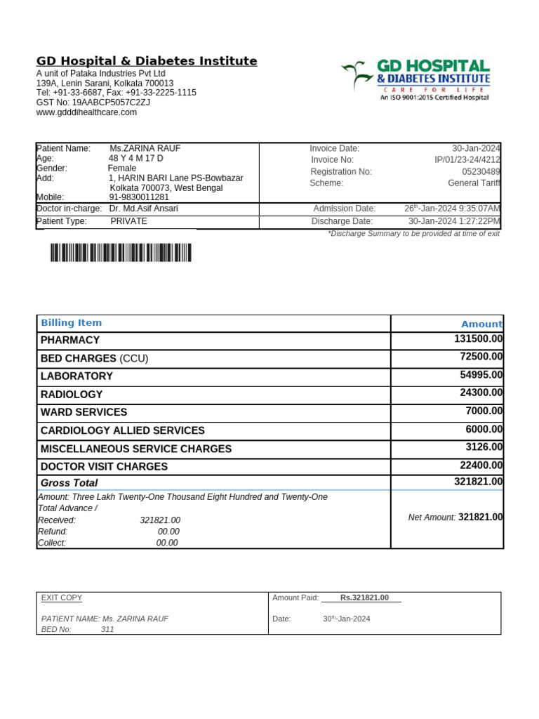 Hospital Bill For Pancreatitis Patient | PDF