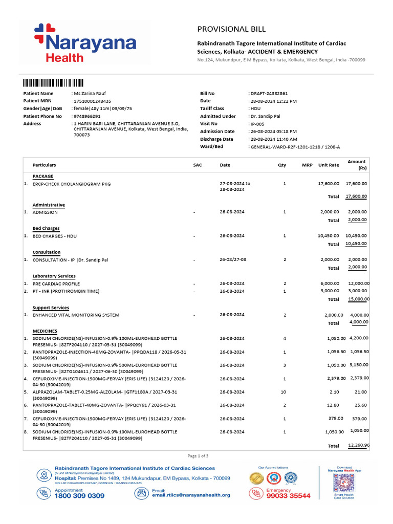 Narayana Hospital Bill for ERCP and Endoscopy | PDF