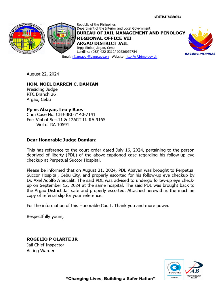 Bureau of Jail Management and Penology Argao District Jail: Regional ...