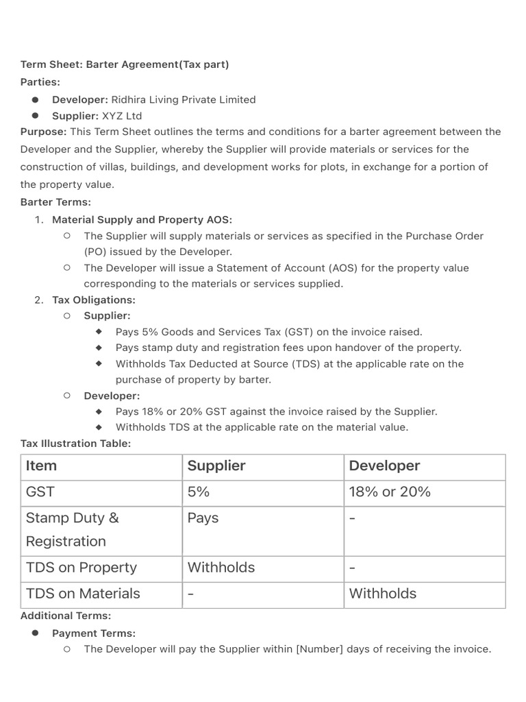 Term Sheet Barter Agreement(Tax part) | PDF