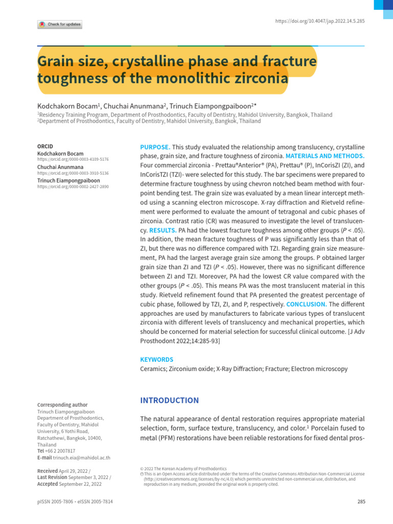 Grain Size, Crystalline Phase and Fracture Toughness of The Monolithic ...