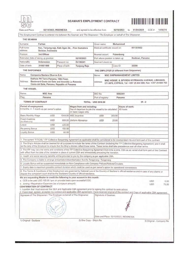 MSC Ans - 3O Farhan Muhammad (33308) - Crew Contract | PDF