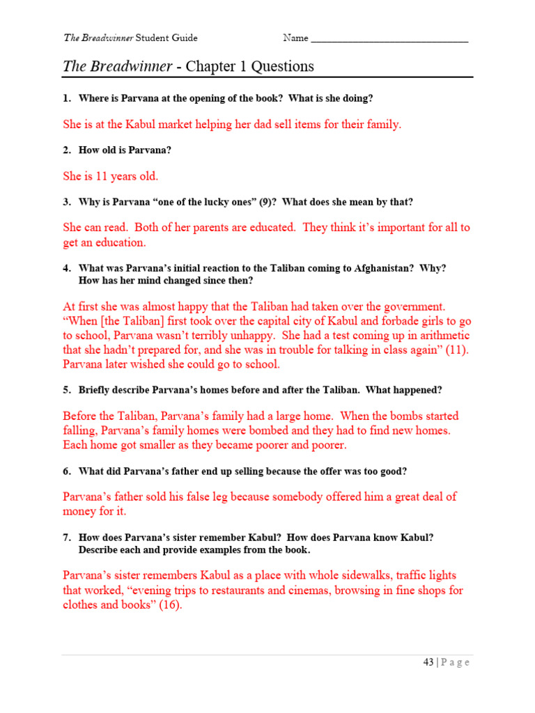 The Breadwinner Chapter Questions Answers | PDF