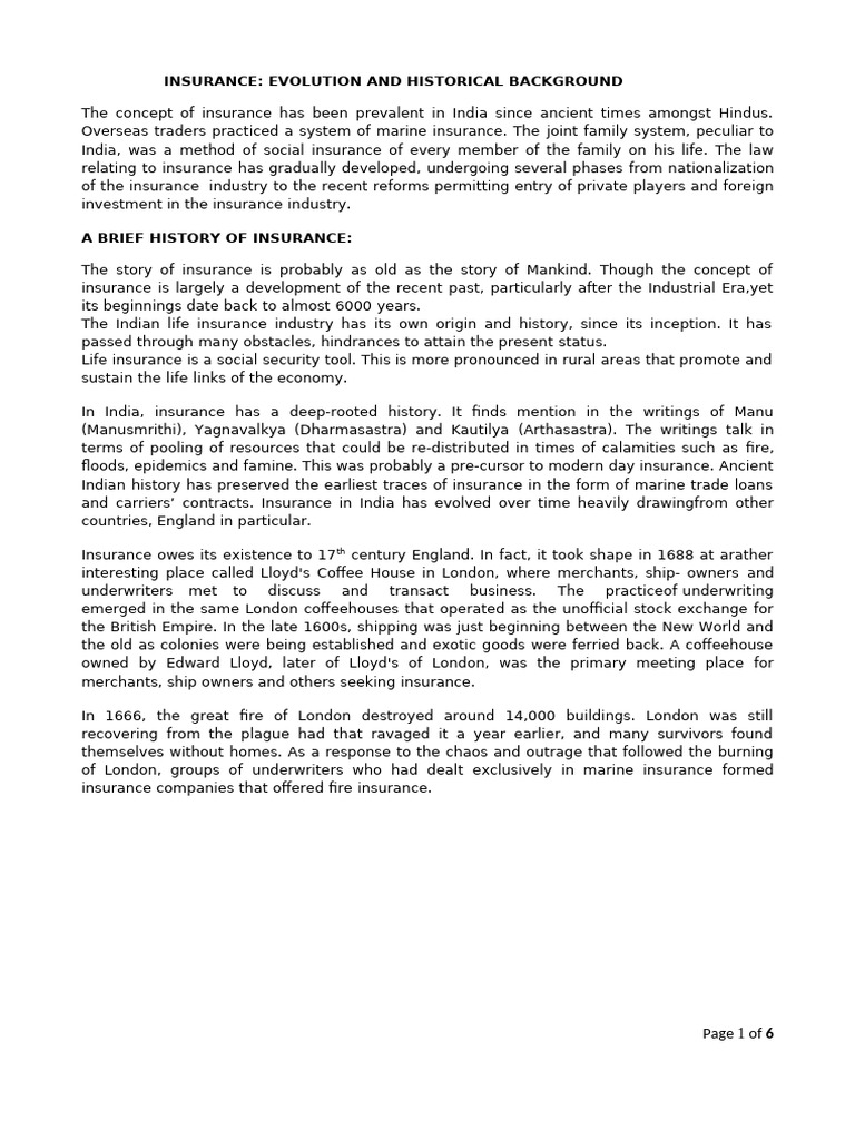 Insurance - Evolution & Historical Background | PDF