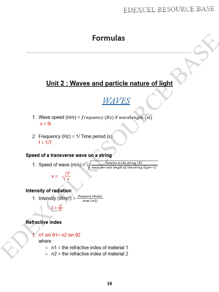 Physics Unit 2 Formula Sheet | PDF