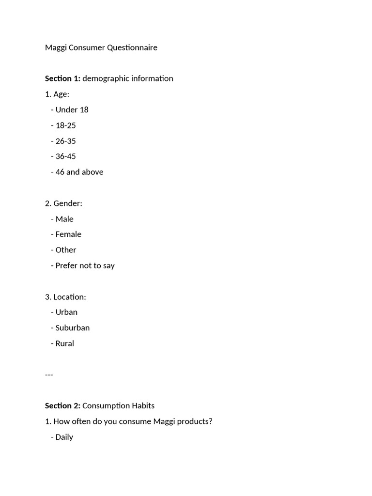 Maggi Consumer Questionnaire | PDF