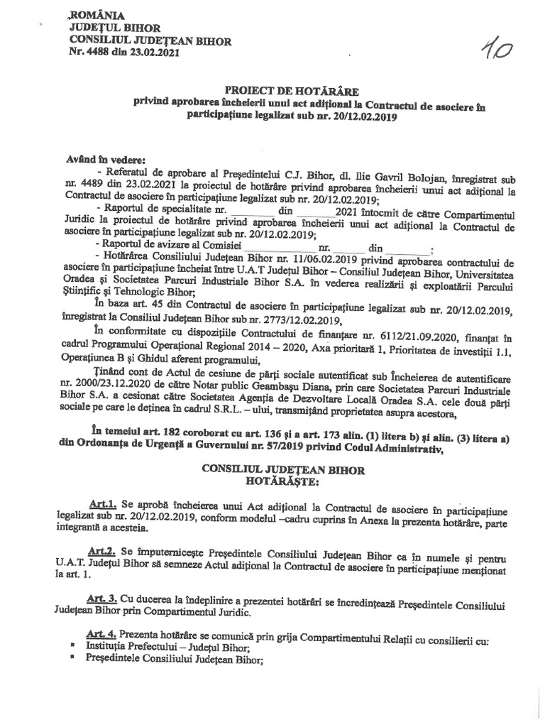 10 Proiect de Hotarare Privind Aprobarea Incheierii Unui Act Aditional La Contractul de Asociere ...