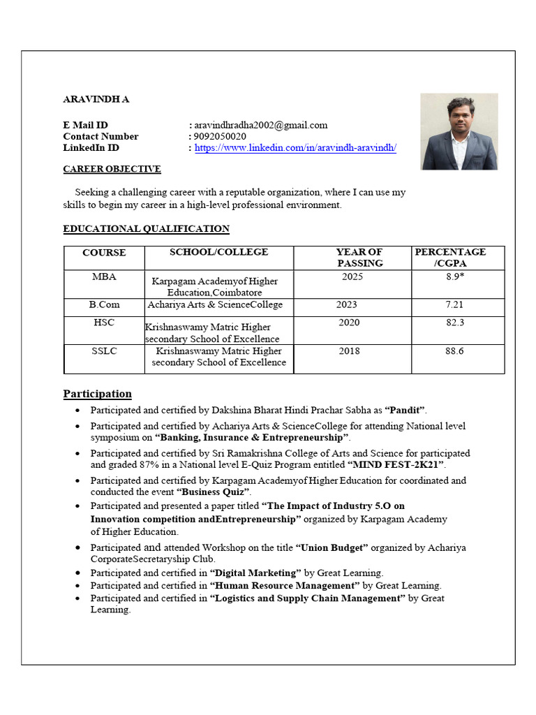 Aravindh New Resume Modified | PDF | Business
