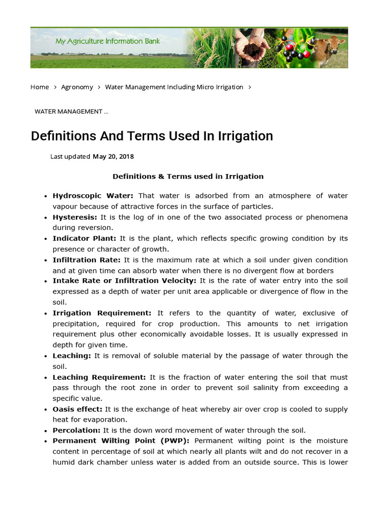 Definitions and Terms Used in Irrigation - Agriinfo - in | PDF