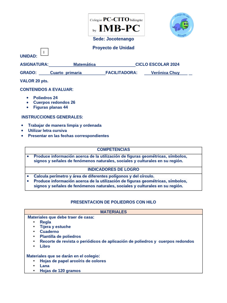 Cuarto Primaria Proyecto I Verónica Chuy | PDF