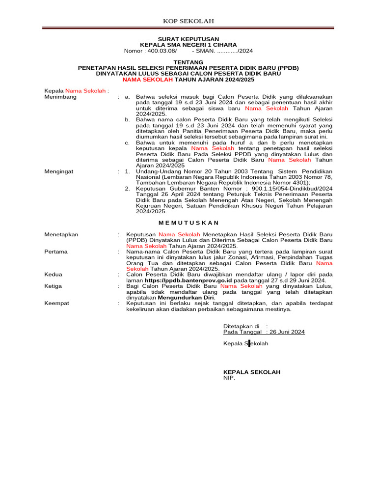Contoh SK Penetapan Kelulusan PPDB 2024 | PDF