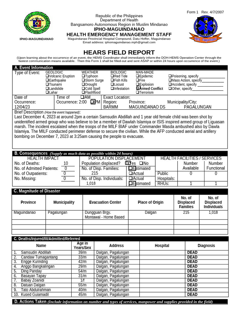 Form 1 HEARS Field Report FormBLANKrevised | PDF