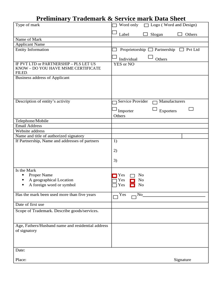Trademark Data Sheet - Blank | PDF
