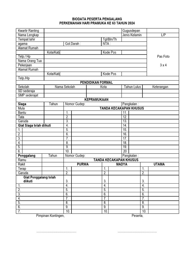Biodata Peserta Penggalang Dan Penegak | PDF