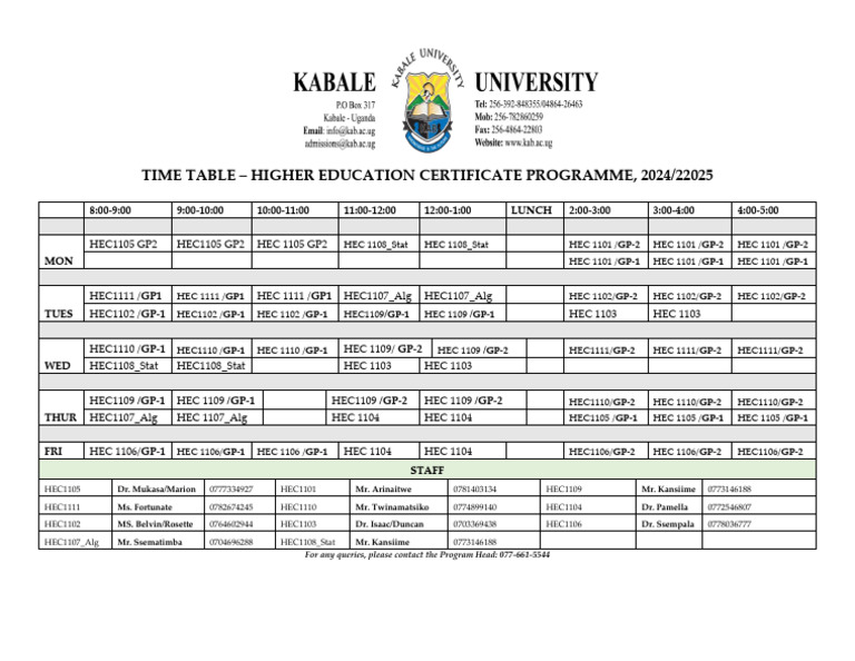 Hec Semester One Timetable 2024-2025 Draft #2 | PDF